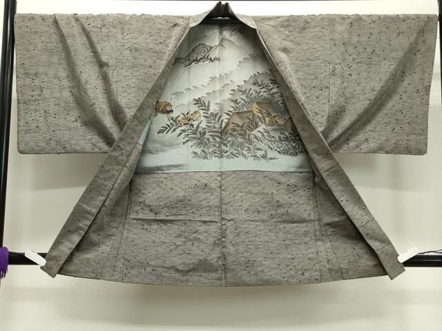 平和屋着物●男性　紬　髭紬羽織セット　霞文　薄墨色　正絹　逸品　CABA1331gh 平和屋着物○男性 紬 髭紬羽織セット 霞文 薄墨色 正絹 逸品