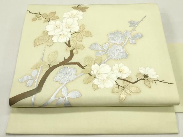 平和屋着物○塩瀬 九寸名古屋帯 手描き 枝桜文 金銀彩 正絹 逸品