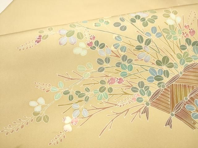 平和屋着物○塩瀬 九寸名古屋帯 友禅 作家物 籬草葉文 正絹 逸品