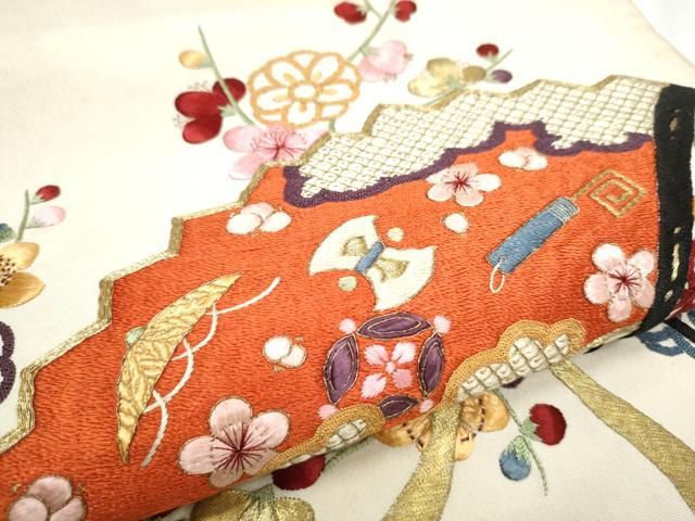 平和屋着物○アンティーク 大正ロマン 太鼓柄袋帯 総手刺繍 宝尽くし
