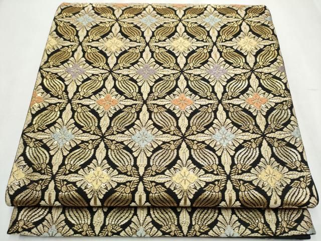 平和屋着物○六通柄袋帯 唐織 七宝鳳凰文様 黒地 金糸 正絹 逸品