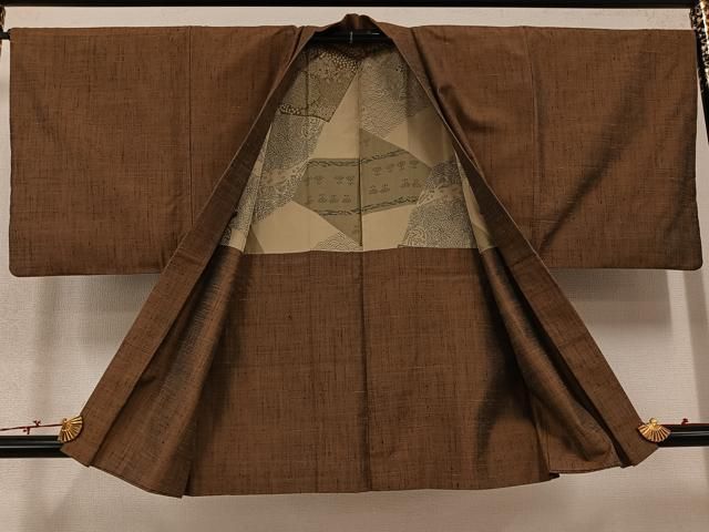 平和屋着物○男性 紬 アンサンブル 色無地 灰茶色 正絹 逸品