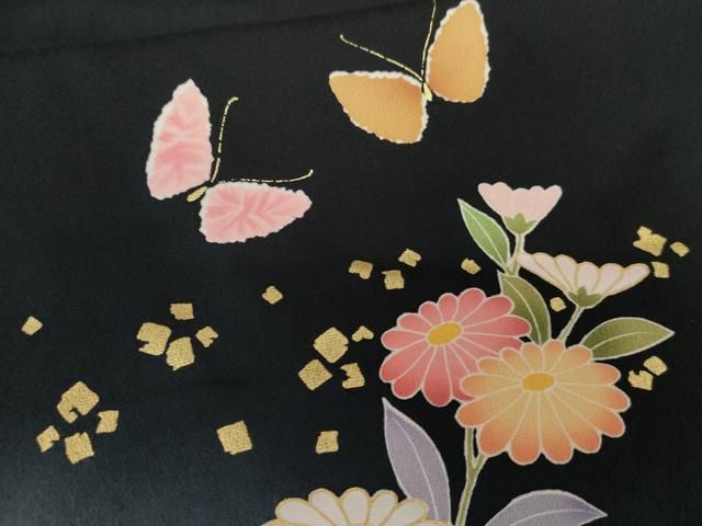 平和屋着物○豪華振袖 友禅 鴛鴦花蝶文 暈し染め 黒地 金彩 金糸 正絹