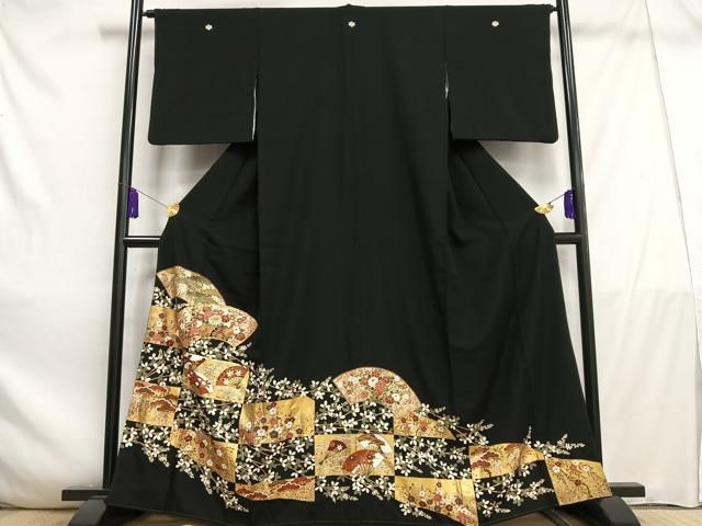 平和屋着物□豪華黒留袖 駒刺繍 地紙花車文 金彩 正絹 逸品 AABD9012oa