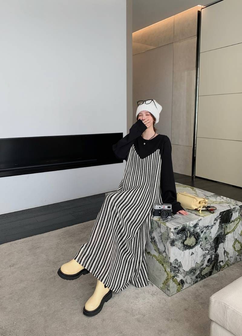 重ね着ワンピースストライプ レディース ロングワンピース ワンピース