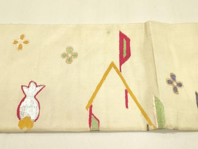 平和屋着物○アンティーク 大正ロマン 九寸名古屋帯 抽象花文 金銀糸