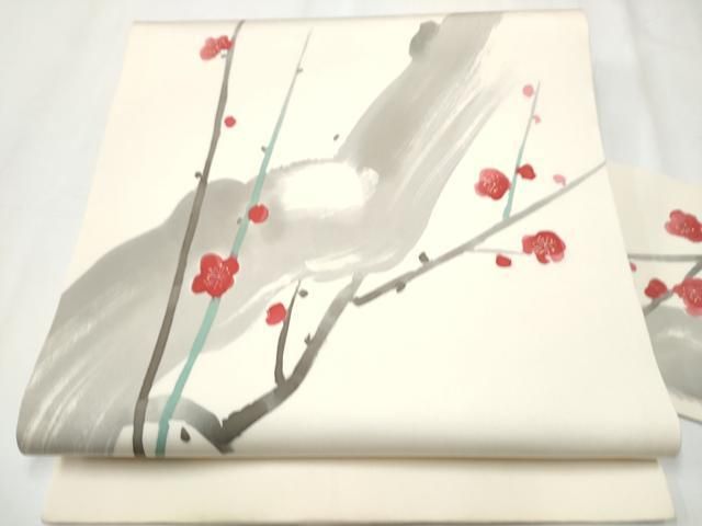 平和屋着物○塩瀬 九寸名古屋帯 手描き 枝梅文 金彩 正絹 逸品