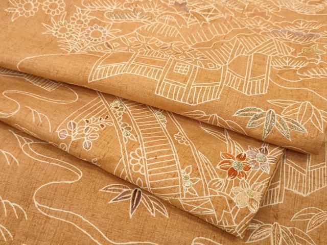 平和屋着物□訪問着 紬地 刺繍 御所解文 金糸 正絹 逸品 CABA0556ng