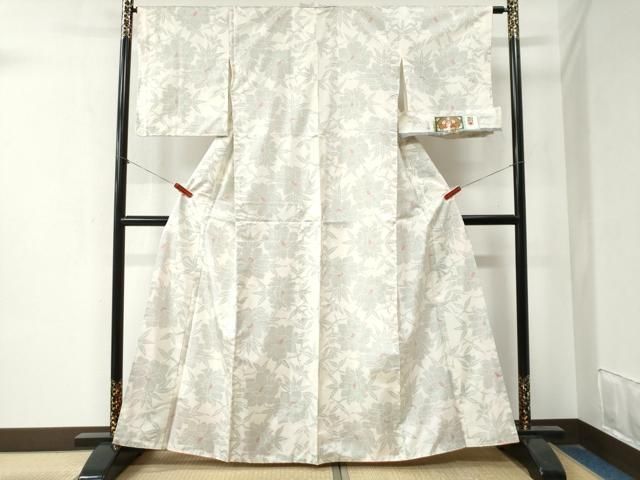 平和屋着物▽本場大島紬　白大島　単衣　9マルキ　舞花文　正絹　逸品　DAAW9194sf 平和屋着物○本場大島紬 白大島 9マルキ 枝花文 証紙付き 正絹 逸品 未