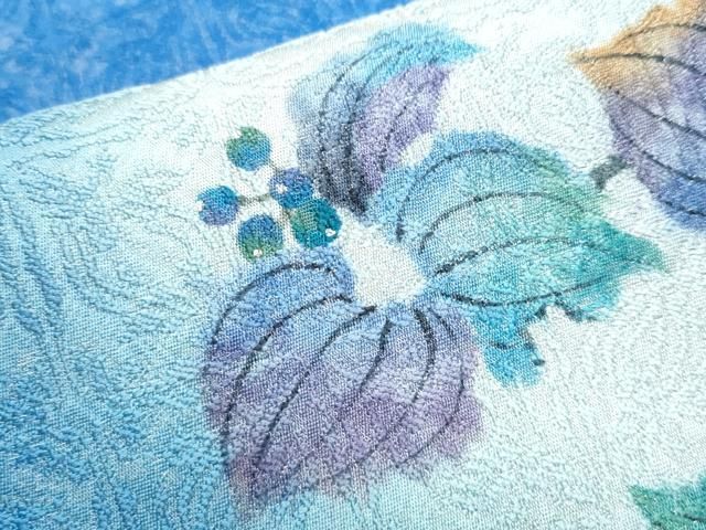 平和屋着物○太鼓柄袋帯 葡萄蔦の葉文 銀通し地 正絹 逸品 未使用