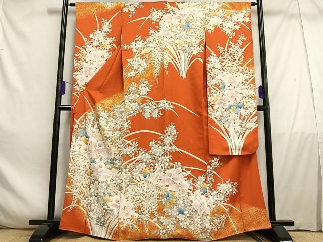 平和屋着物●豪華振袖　駒刺繍　花蝶文　暈し染め　金通し地　仮絵羽　逸品　未使用　AABD8488fy 平和屋着物□豪華振袖 駒刺繍 草花文 暈し染め 金彩 正絹 逸品