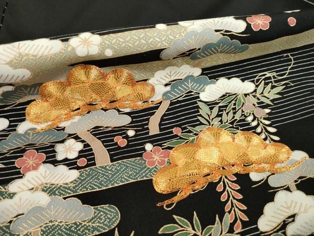 平和屋着物○豪華黒留袖 駒刺繍 御所車松文 金彩 仮絵羽 正絹 逸品 未