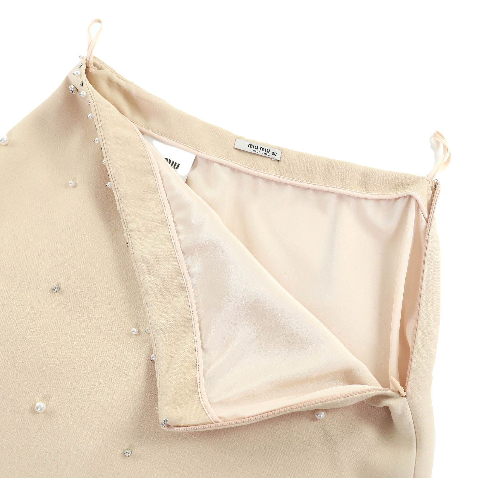 極美品△MIUMIU ミュウミュウ MG1048  ウール シルク ビジュー・エコパール付き ミニスカート ピンクベージュ 36 伊製 正規品 レディース 極美品△MIUMIU ミュウミュウ MG1048 ウール シルク ビジュー