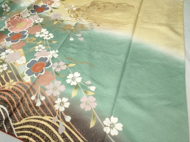 平和屋着物○豪華振袖 駒刺繍 立波草花文 暈し染め 金彩 正絹 逸品