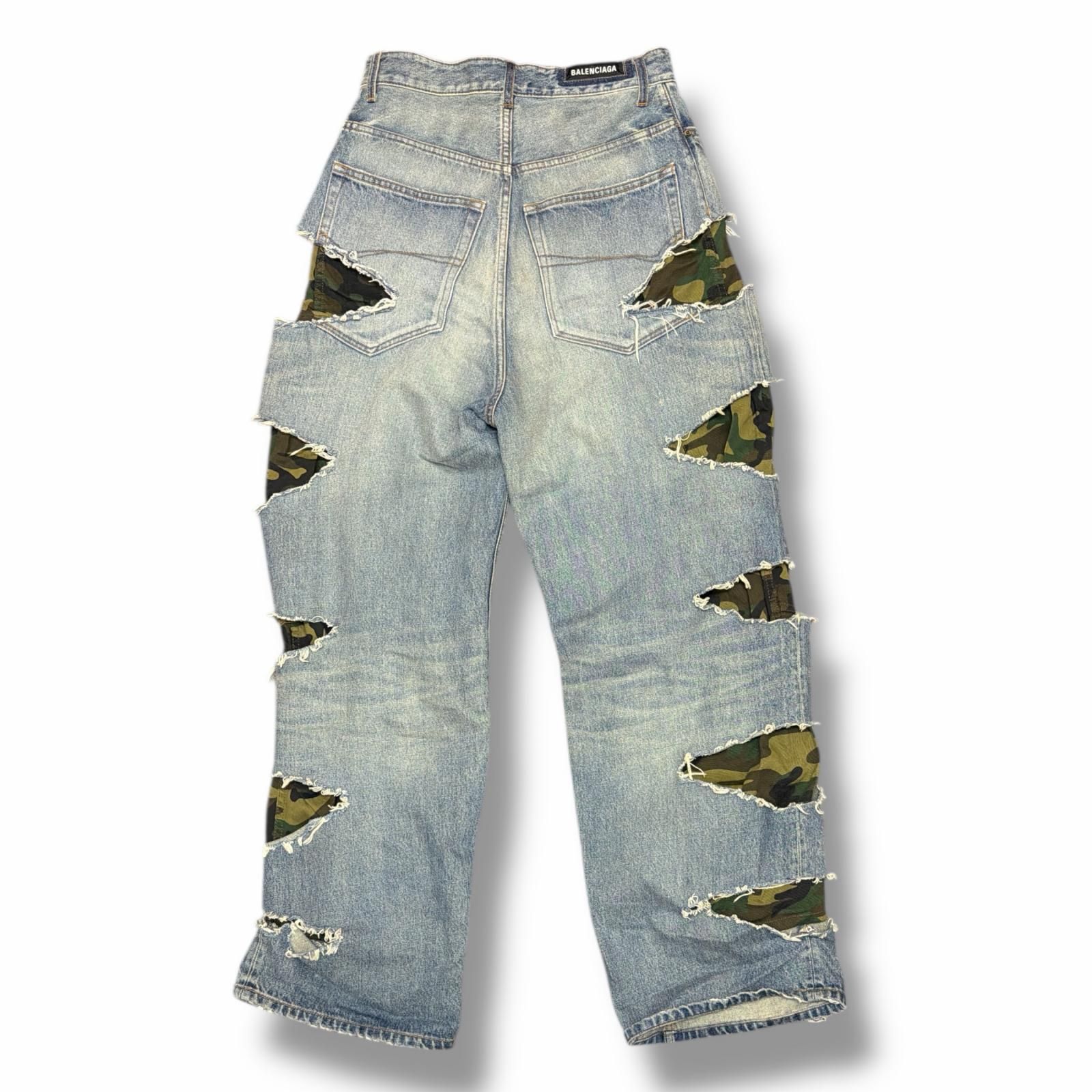 バレンシアガ サイズ:S  21AW  662763 TDW14 カモフラレイヤードクラッシュデニムパンツ 中古 SS13 BALENCIAGA 21AW カモフラレイヤード クラッシュ デニムパンツ デニム