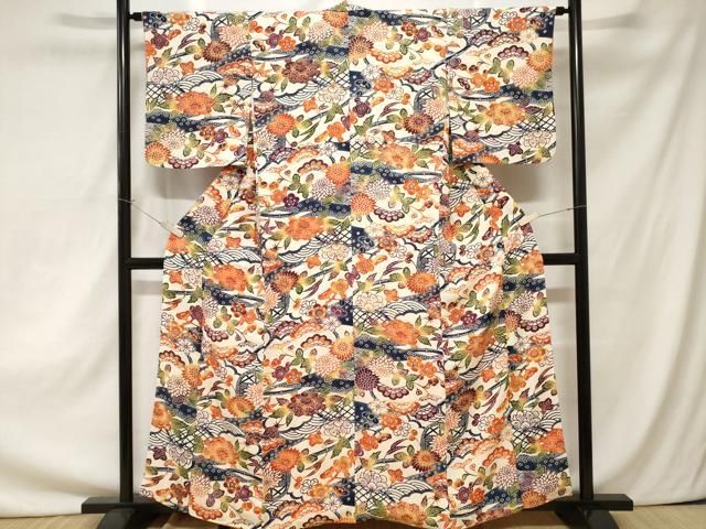 平和屋着物□上質な小紋 型染め 草花文 暈し染め 鬼しぼ