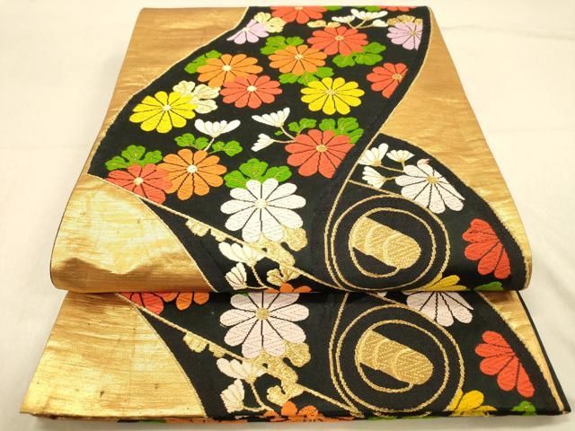 平和屋着物◎六通柄袋帯 絵巻枝菊文 黒地 金糸 正絹 逸品 DAAZ3875jm