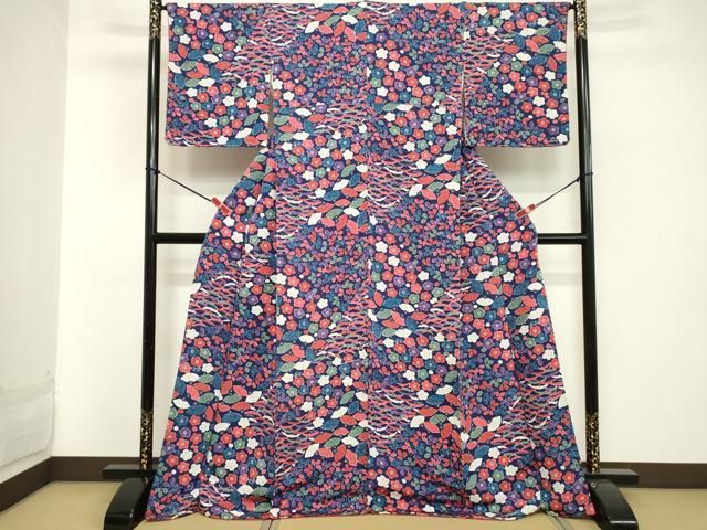 平和屋着物□上質な小紋 型染め 椿 鬼しぼ縮緬 正絹 逸品 AABD6908fw