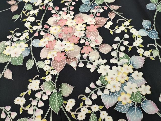 平和屋着物○訪問着 友禅 草花文 黒地 金彩 正絹 逸品 AABE4407ck