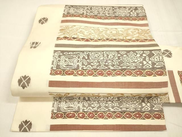 平和屋着物○九寸名古屋帯 横段群鳥草葉文 正絹 逸品