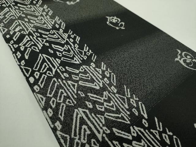 平和屋着物 西陣 両面 全通柄袋帯 紹巴織 梟 間道 黒地 正絹 ps 袋帯 帯