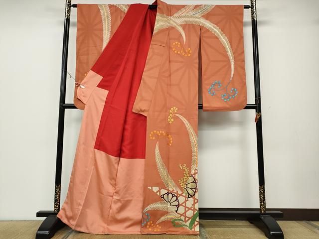 平和屋着物●アンティーク　大正ロマン　小振袖　駒刺繍　吉祥草花文　金彩　正絹　逸品　CABB6003ut 平和屋着物○アンティーク 大正ロマン 小振袖 駒刺繍 吉祥草花文 金彩