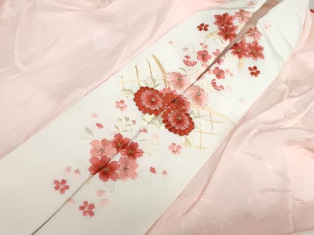 平和屋着物●振袖用長襦袢　無双仕立て　扇面草花地紋　暈し染め　半衿刺繍　正絹　逸品　DAAZ7613ud 平和屋着物○振袖用長襦袢 無双仕立て 扇面草花地紋 暈し染め 半