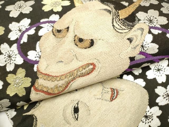平和屋着物○アンティーク 大正ロマン 九寸名古屋帯 能面 舞桜文 黒地
