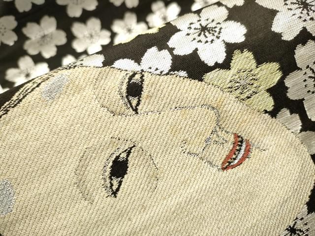 平和屋着物○アンティーク 大正ロマン 九寸名古屋帯 能面 舞桜文 黒地