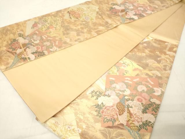 平和屋着物◎六通柄袋帯 色紙吉祥孔雀花文 金銀糸 正絹 逸品