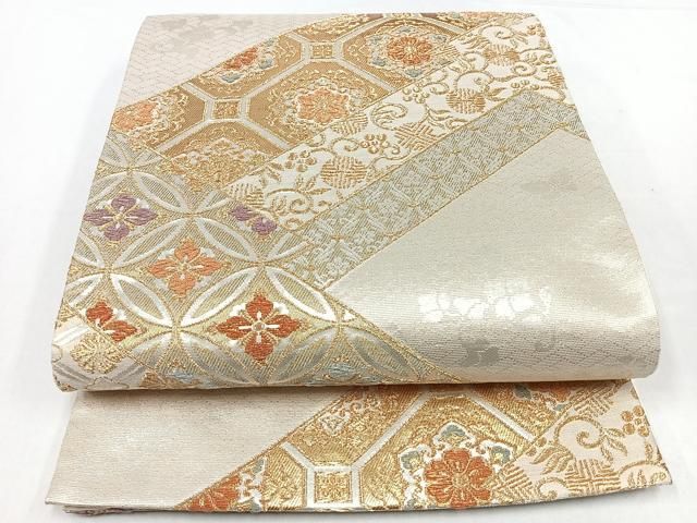 平和屋着物◎六通柄袋帯 松皮菱吉祥花文 金恵裂 金銀糸 正絹 逸品