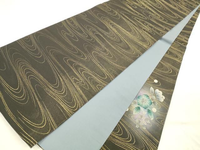 平和屋着物○太鼓柄袋帯 絞り 流水辻が花 黒地 金糸 正絹 逸品