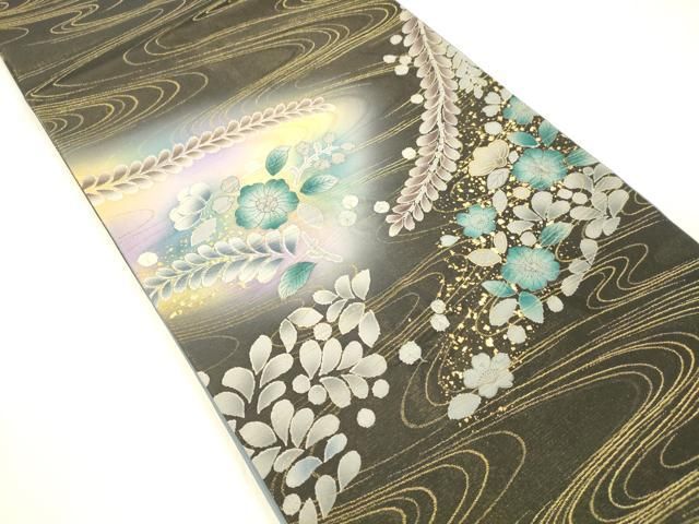 平和屋着物○太鼓柄袋帯 絞り 流水辻が花 黒地 金糸 正絹 逸品