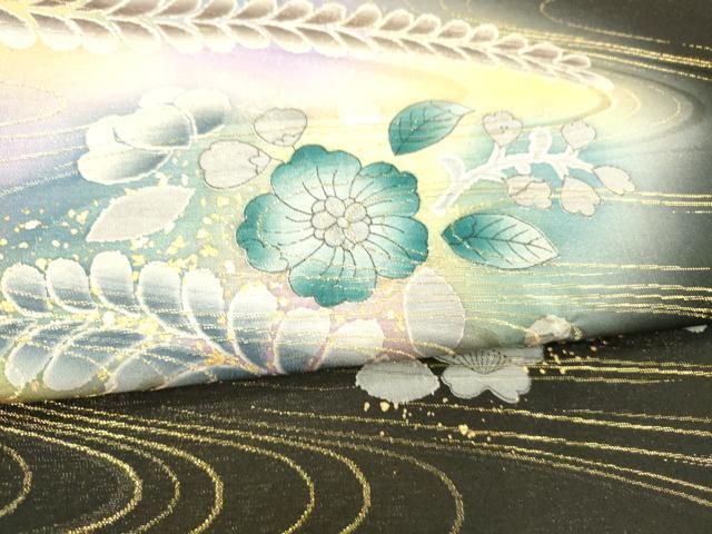 平和屋着物○太鼓柄袋帯 絞り 流水辻が花 黒地 金糸 正絹 逸品