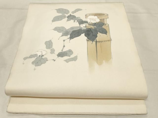 平和屋着物○塩瀬 九寸開き名古屋帯 手描き 草花文 正絹 逸品