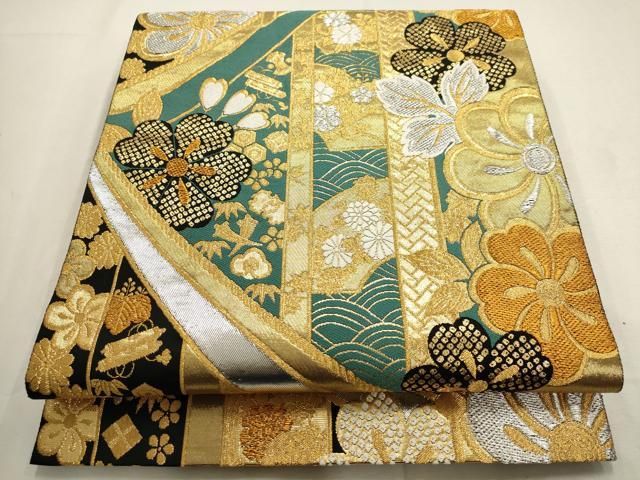 平和屋着物▽六通柄袋帯 草花文 黒地 金銀糸 正絹 逸品 AABD7845wj