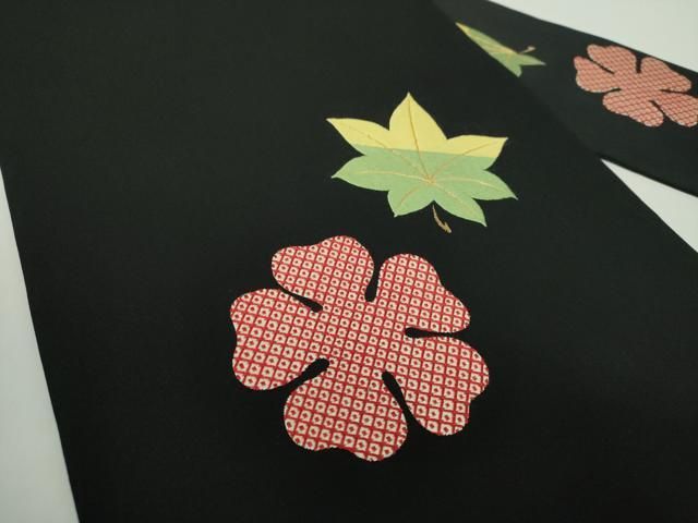 平和屋着物●塩瀬　九寸名古屋帯　駒刺繍　総手刺繍　楓花文　黒地　金糸　正絹　逸品　DABA1363ps 平和屋着物○塩瀬 九寸名古屋帯 駒刺繍 総手刺繍 楓花文 黒地 金糸