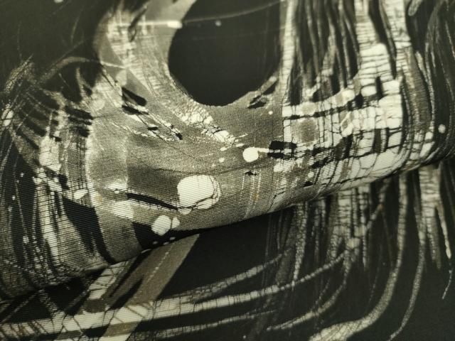 平和屋着物○塩瀬 九寸名古屋帯 作家物 ろうけつ染め 抽象文様 黒地