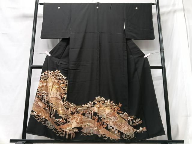 平和屋着物□豪華黒留袖 駒刺繍 檜扇鳳凰花文 金彩 正絹 逸品