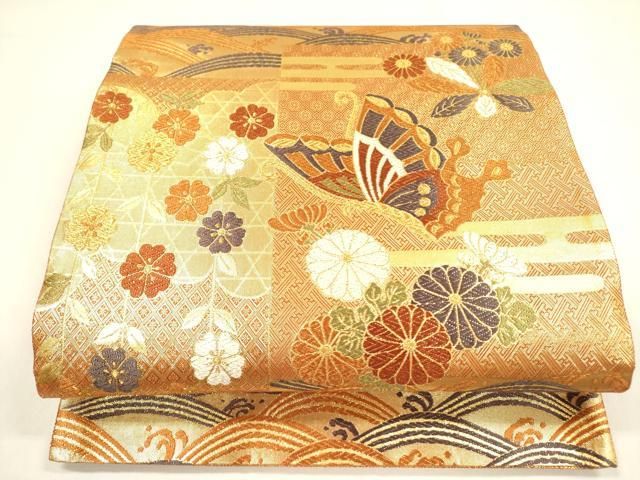 平和屋着物＊夏物　六通柄　本袋帯　流水千鳥文　金糸　正絹　逸品　DABA0158cm 平和屋着物◎佐賀錦 六通柄袋帯 唐織 舞蝶流水花文 金糸 正絹 逸品