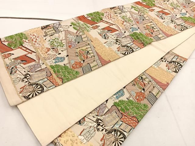 平和屋着物◎六通柄袋帯 唐織 人物風景文 金糸 正絹 逸品 BAAW1183mz