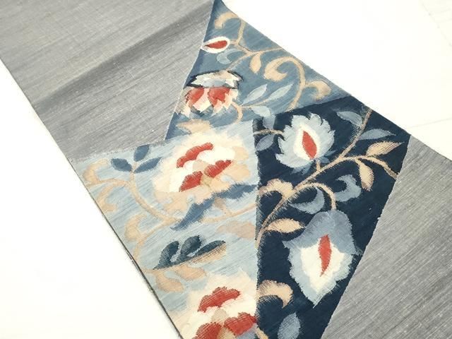 平和屋着物◎太鼓柄袋帯 紬地 すくい織 切嵌更紗花文 正絹 逸品