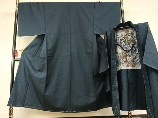 平和屋着物○男性 紬 アンサンブル 紺鼠色 正絹 逸品 未使用