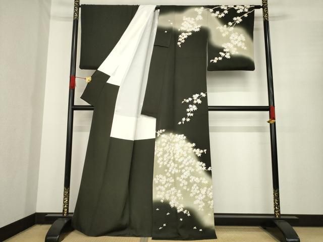 平和屋着物○訪問着 刺繍 枝葉文 楓 暈し染め 黒地 金糸 正絹 逸品