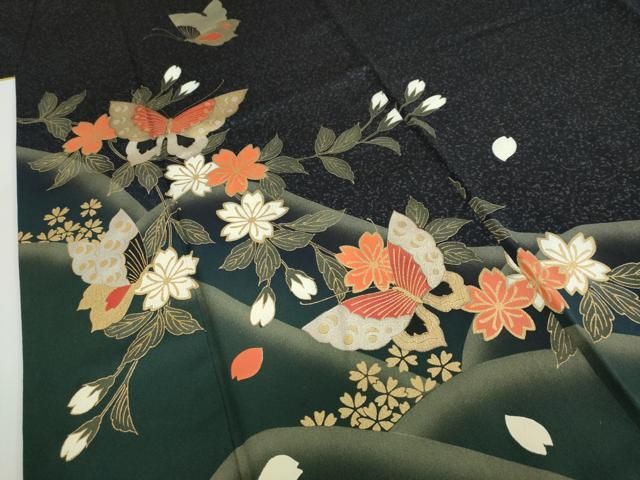 平和屋着物○豪華振袖 花蝶文 暈し染め 黒地 金銀彩 正絹 逸品