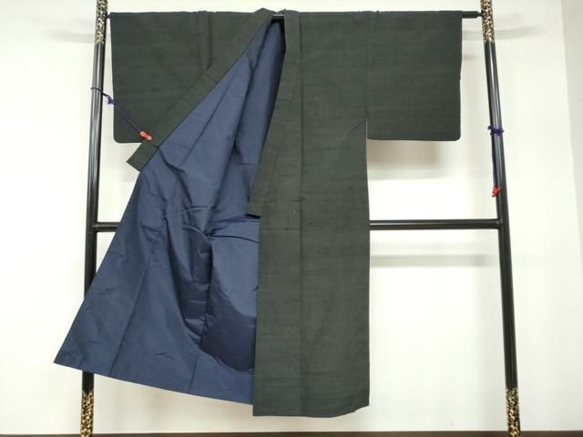 平和屋着物○男性 紬 アンサンブル 黒緑色 正絹 逸品 DAAZ7840ud