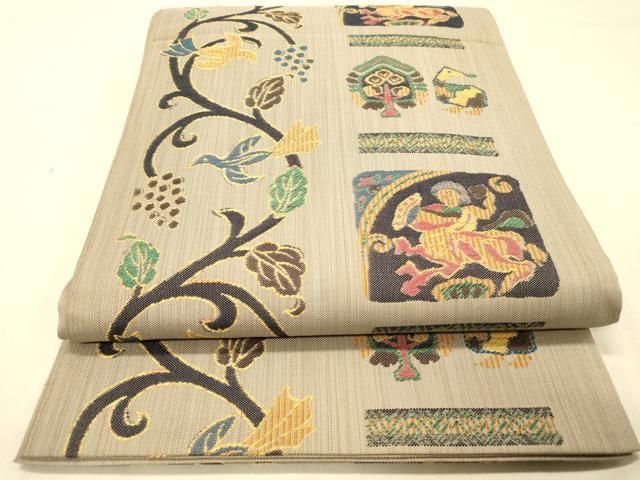 平和屋着物◎六通柄 本袋帯 葡萄唐草 抽象人物動物文 正絹 逸品