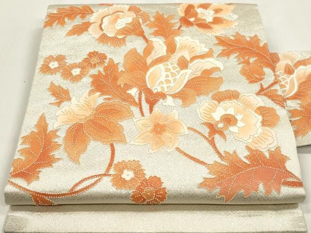 平和屋着物◎中国三大刺繍 相良刺繍 九寸名古屋帯 更紗花文 銀糸 正絹