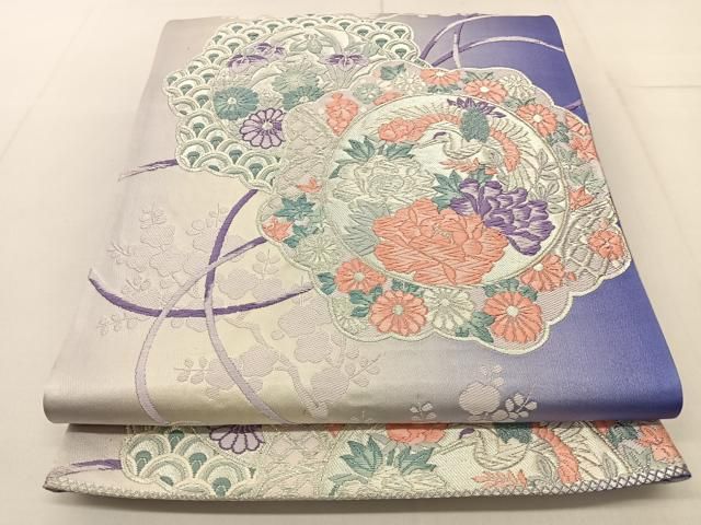 平和屋着物◎六通柄袋帯 唐織 鶴 花絵皿 銀糸 正絹 逸品 BAAV2679hj