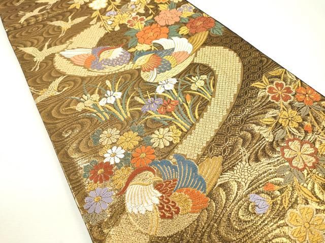 平和屋着物▽六通柄袋帯 唐織 鴛鴦花文 金糸 正絹 逸品 DAAZ6611fe